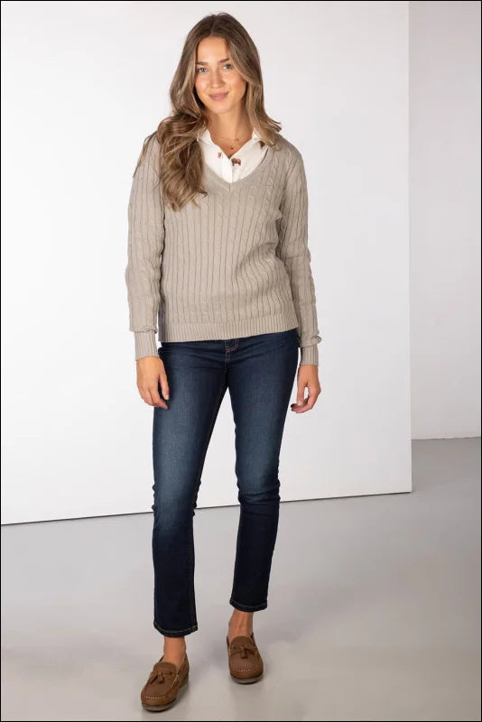Rydale Emma V Neck Cable Knit Jumper Soft Grey - rydale - £29.99 - TRI ...